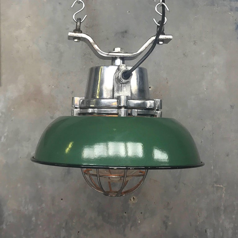 1970s British Explosion Proof Pendant with Green and White Enamel Shade ...