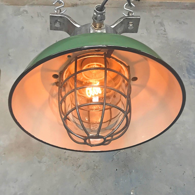 1970s British Explosion Proof Pendant with Green and White Enamel Shade ...