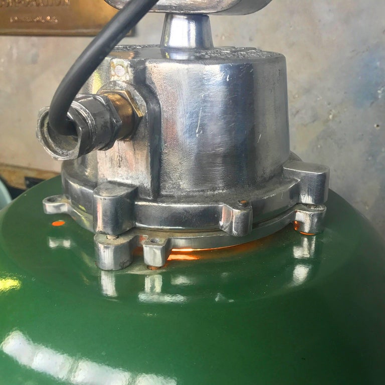 1970s British Explosion Proof Pendant with Green and White Enamel Shade ...