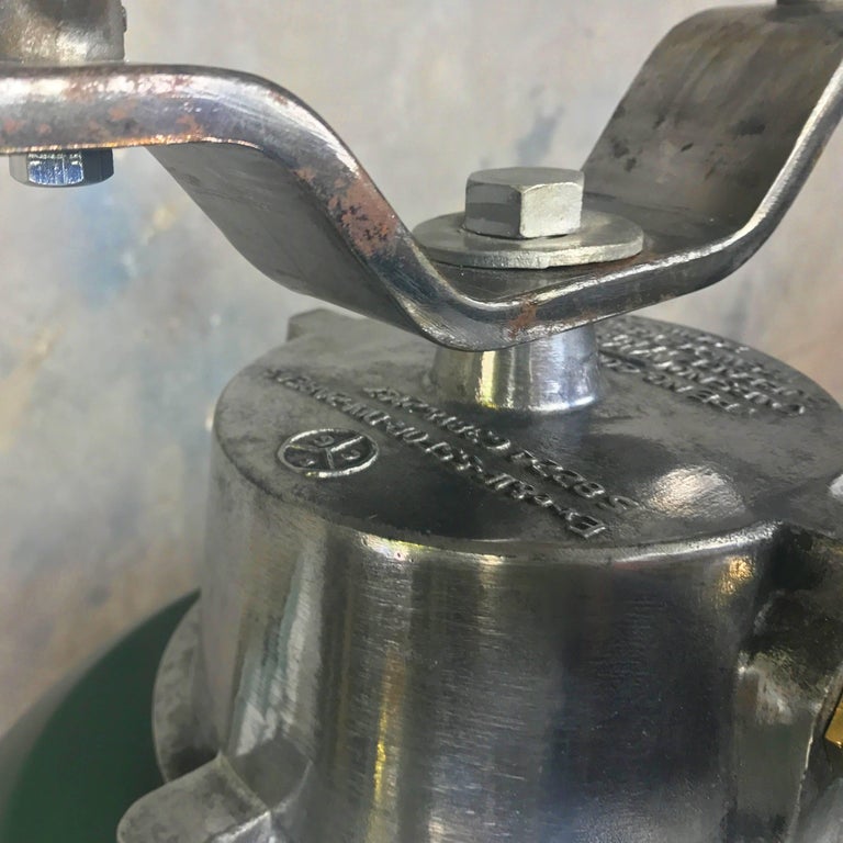 1970s British Explosion Proof Pendant with Green and White Enamel Shade ...