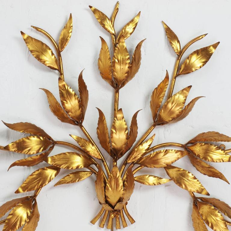 Large Italian Gilded Metal Leaf Wall Lamp, 1970s at 1stDibs