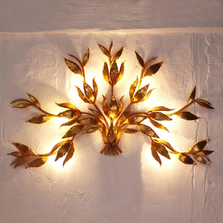 Large Italian Gilded Metal Leaf Wall Lamp, 1970s at 1stDibs