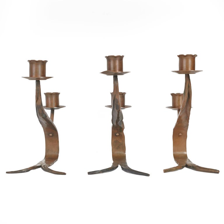 Three Erhard Glander Hand-Wrought Copper Double Candleholders For Sale ...