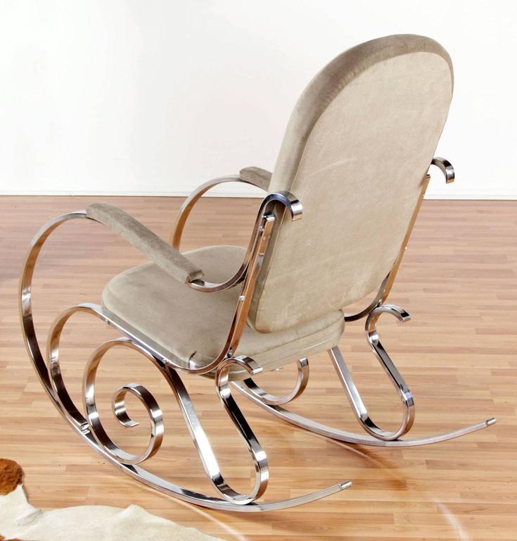Maison Jansen Chrome Rocking Chair with New Velour Fabric, 1970s at 1stDibs