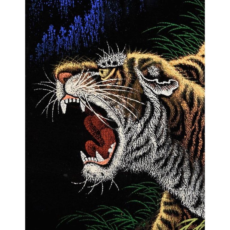 Pair of Bookmatched Roaring Velvet Tiger Framed Paintings, circa 1970s ...