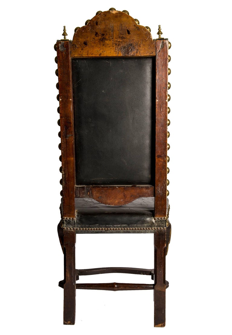 Pair of Black Leather Spanish Baroque Studded Walnut Side Chairs, 18th ...