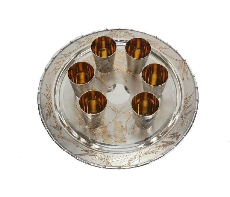 Japanese Gilt 800 Solid Silver Sake Tray and Cups For Sale at 1stDibs