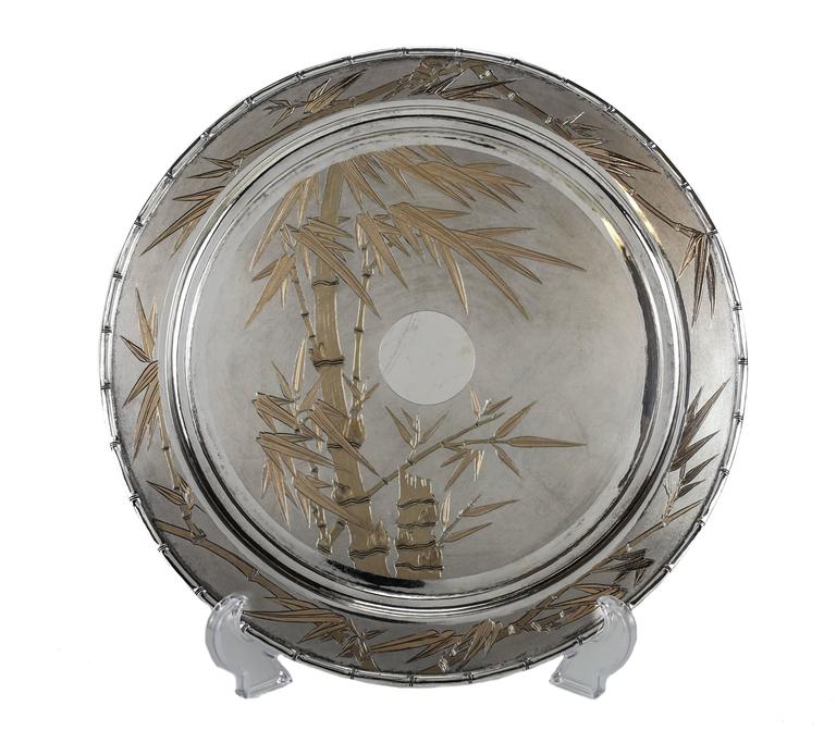 Japanese Gilt 800 Solid Silver Sake Tray and Cups For Sale at 1stDibs