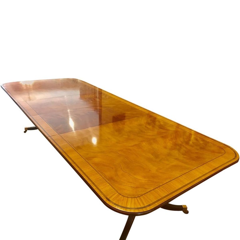 Baker Dining Table Double Pedestal Walnut Inlaid Table with Extensions ...