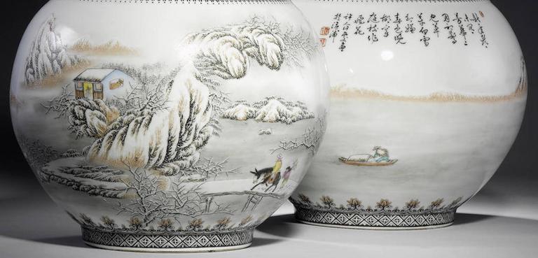 Pair of Chinese Bottle Vases "He Xuren" at 1stDibs