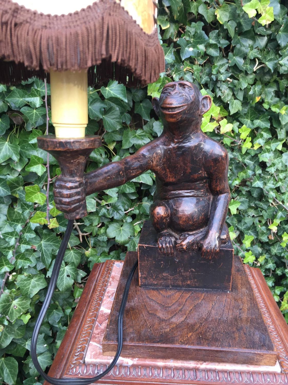 Rare and Decorative Carved Chimp, Monkey Wooden Table or Desk Lamp ...