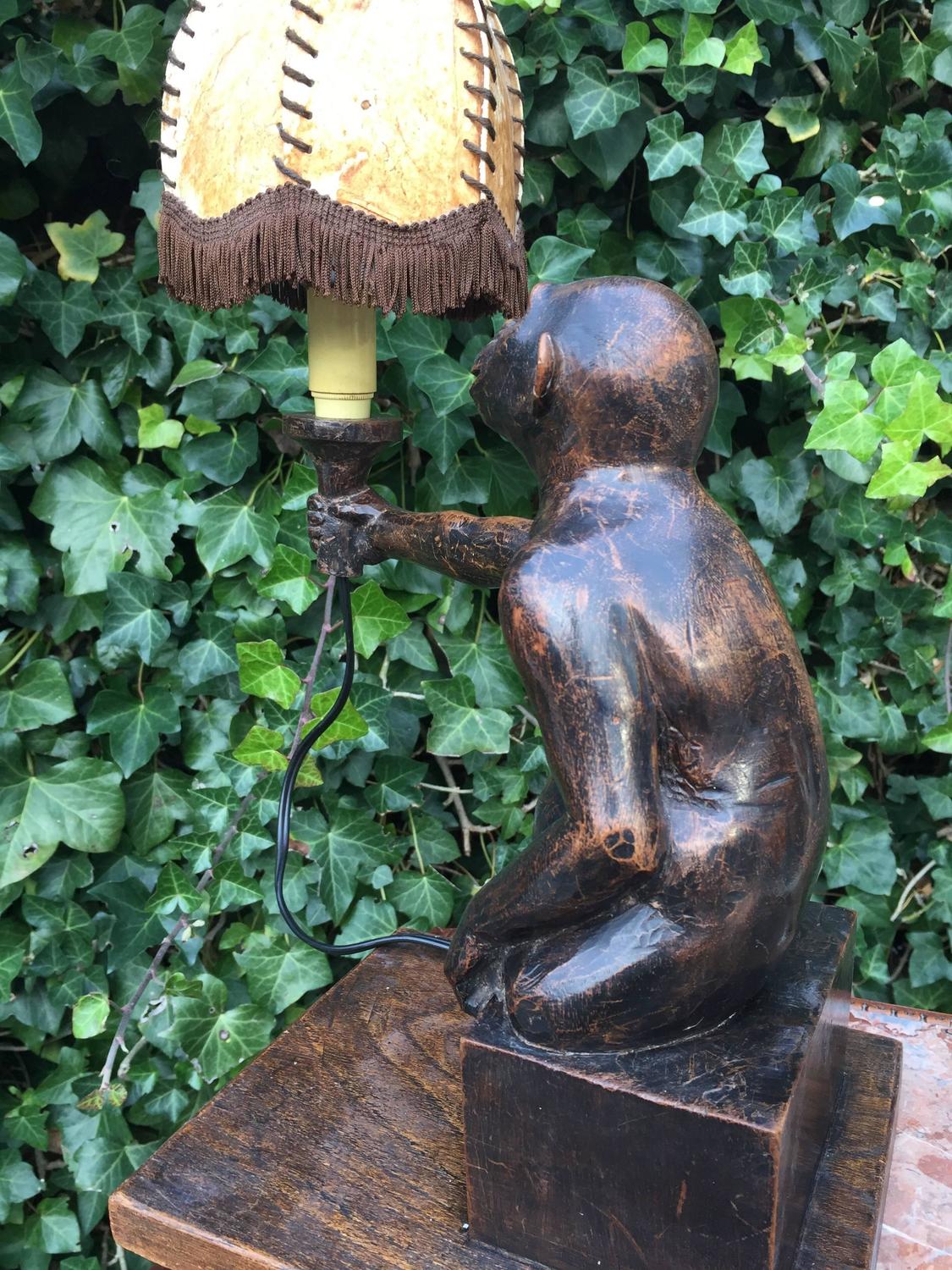 Rare and Decorative Carved Chimp, Monkey Wooden Table or Desk Lamp ...