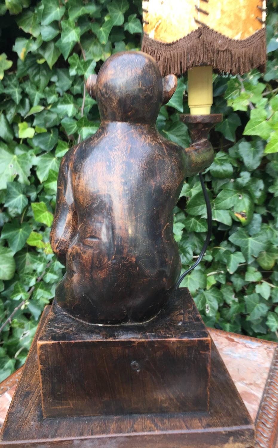 Rare and Decorative Carved Chimp, Monkey Wooden Table or Desk Lamp ...