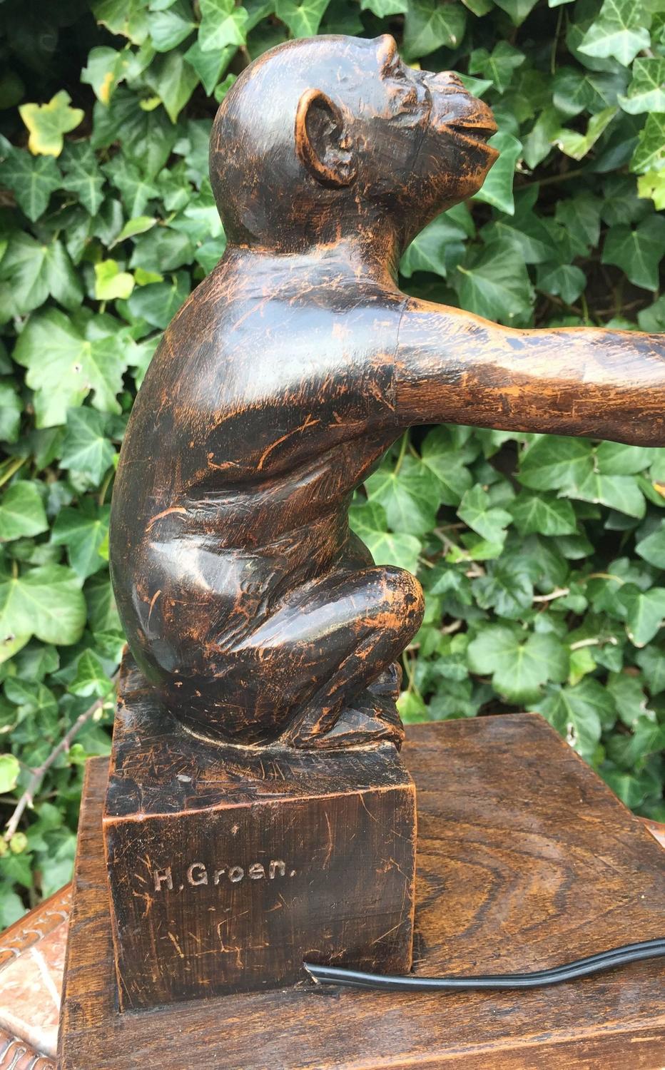 Rare and Decorative Carved Chimp, Monkey Wooden Table or Desk Lamp ...