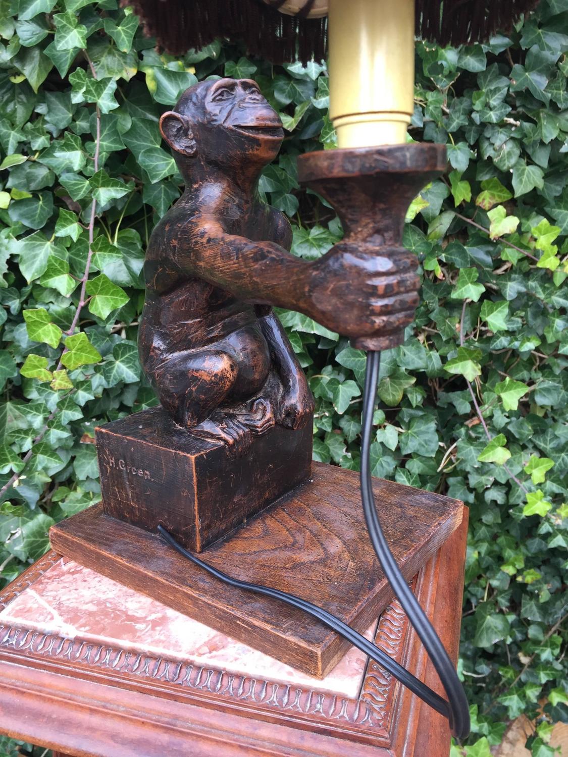 Rare and Decorative Carved Chimp, Monkey Wooden Table or Desk Lamp ...