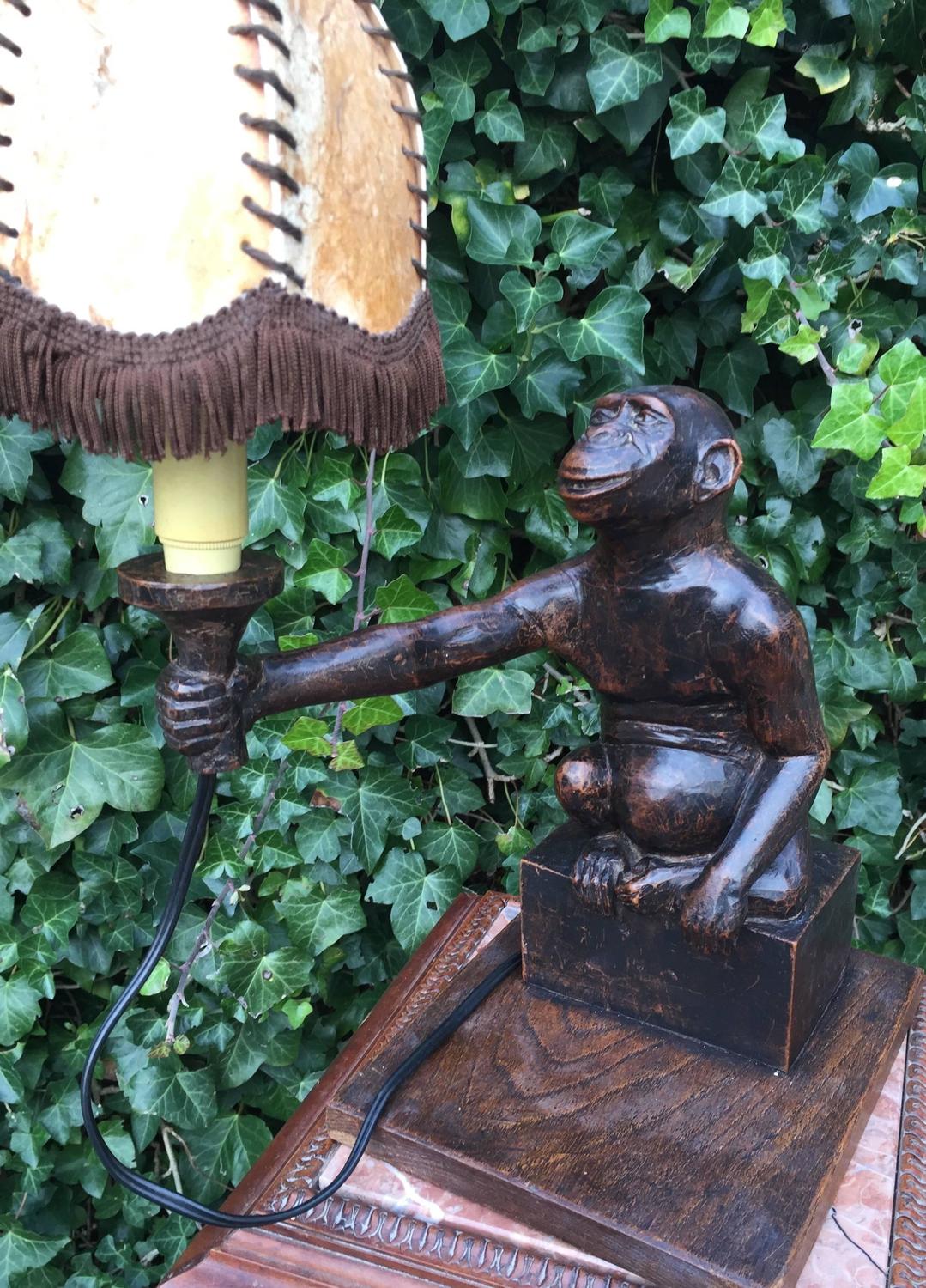 Rare and Decorative Carved Chimp, Monkey Wooden Table or Desk Lamp ...