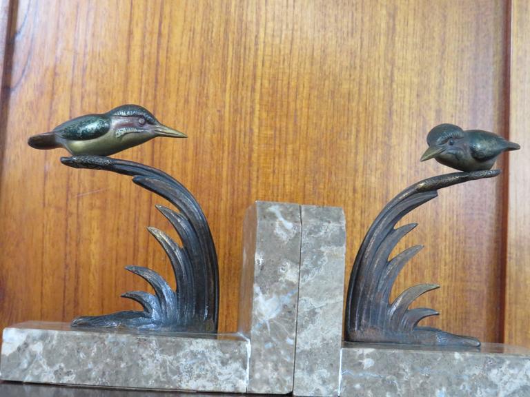 Art Deco Bookends with Cold Painted Bronze Kingfisher Birds on Marble ...
