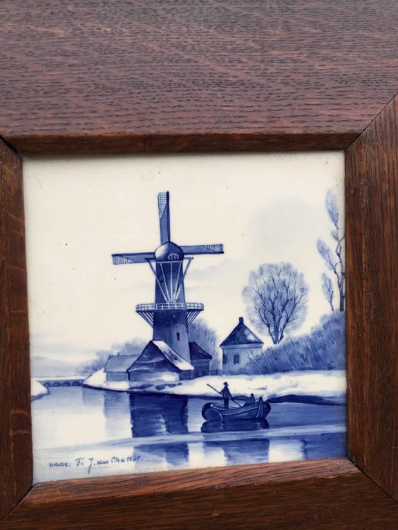 Pair of Hand-Painted Delft Blue Tiles in Picture Frame Landscape and ...