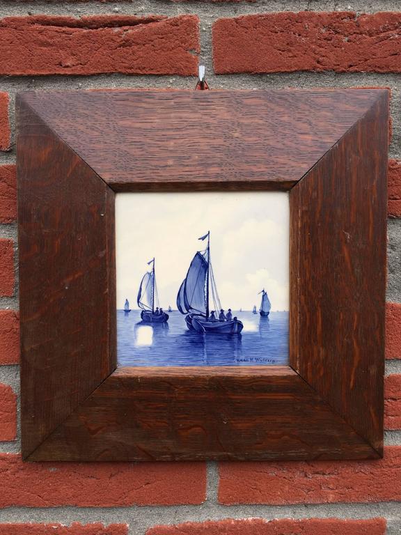 Pair of Hand-Painted Delft Blue Tiles in Picture Frame Landscape and ...
