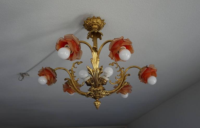 Rococo Style Gilt Chandelier / Pendant with Red Rose Flower Glass ...