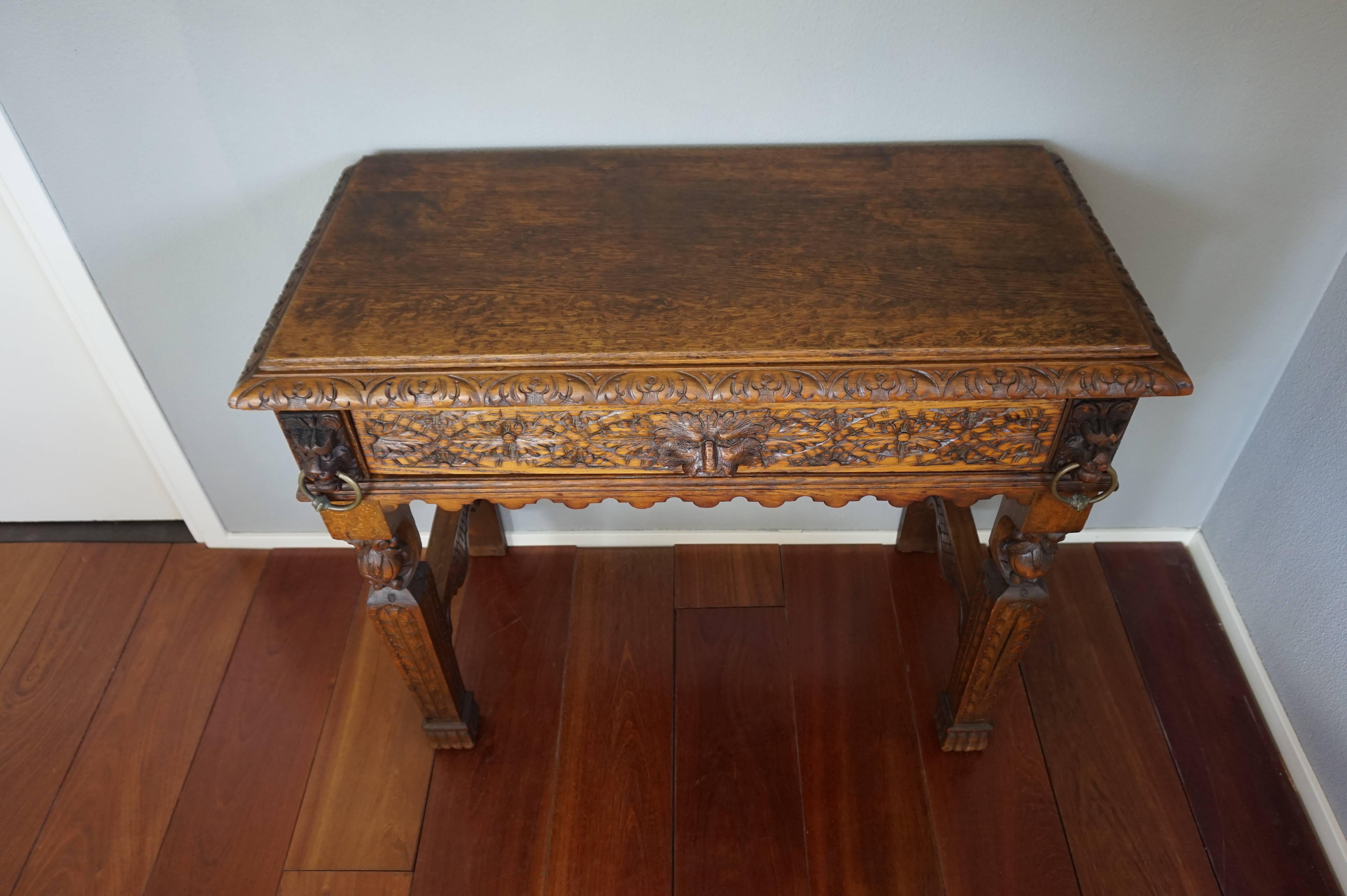 19th Century Hand-Carved Side Table with Drawer, Lion Heads, Green Man ...