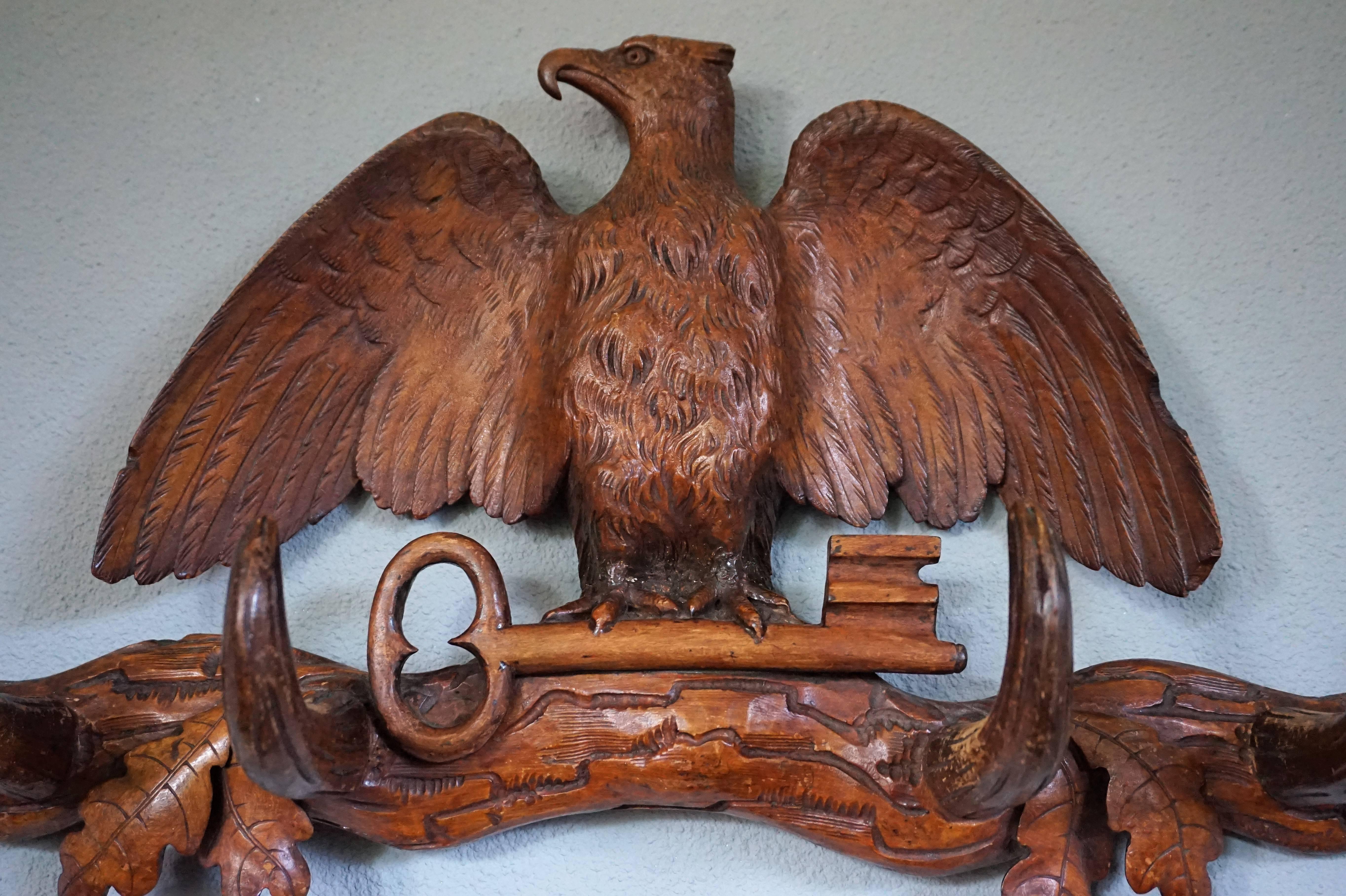Antique Hand-Carved Small Black Forest Coat or Key Rack with Eagle ...
