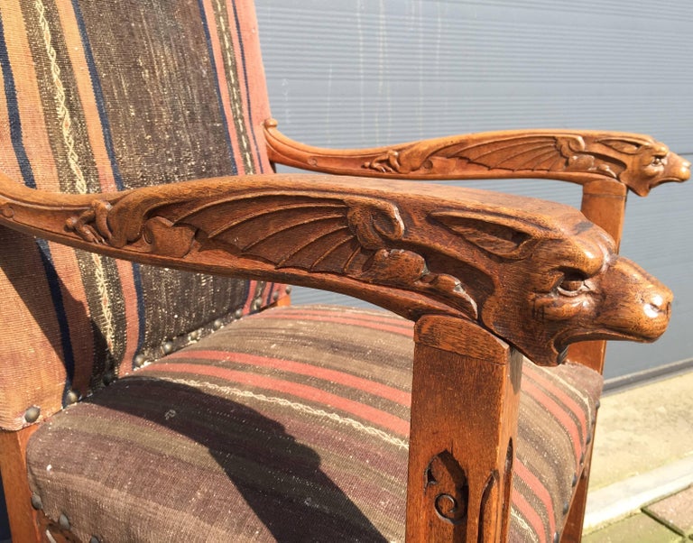 Rare Antique Gothic Revival Oak Armchair Chair with Demon Sculptures as ...
