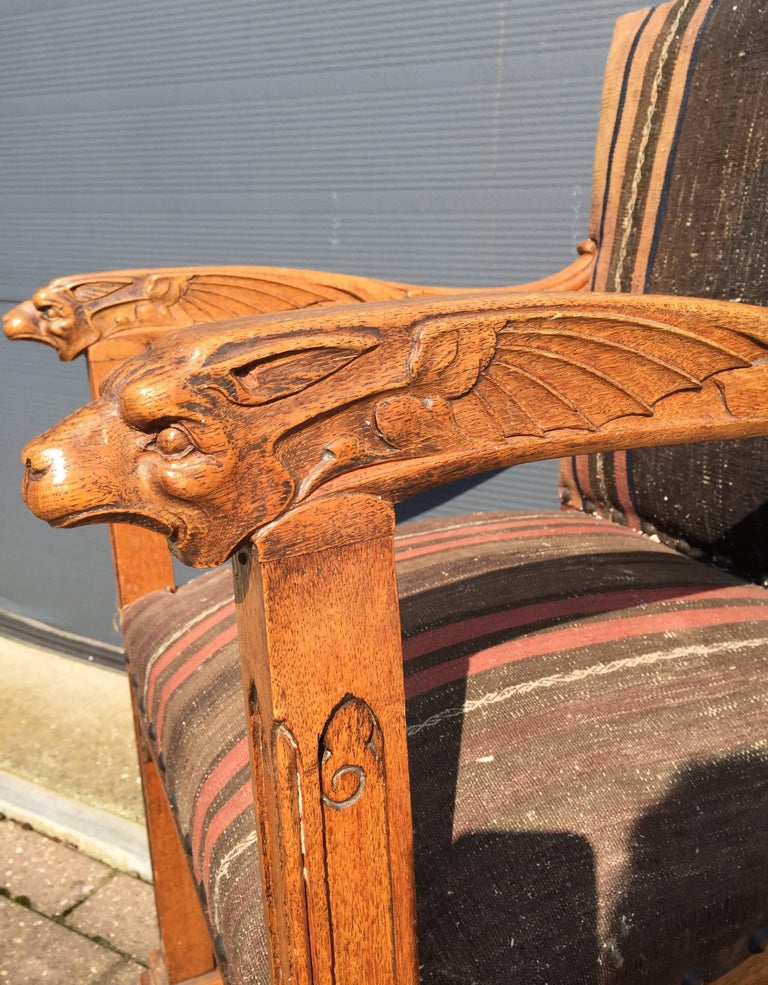 Rare Antique Gothic Revival Oak Armchair Chair with Demon Sculptures as ...