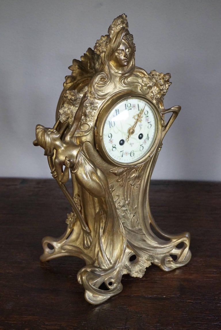 Art Nouveau Gilt Bronze Lady Sculpture Mantel Clock with 2 Matching ...