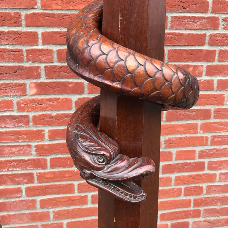Mahogany Stair Rail Newel Post with Carved Dragon Head and Snake ...