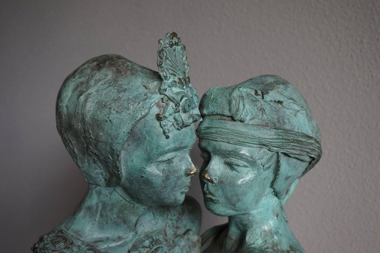 Sizeable and Signed Bronze Bust Sculpture of Sisters or Female Lovers ...
