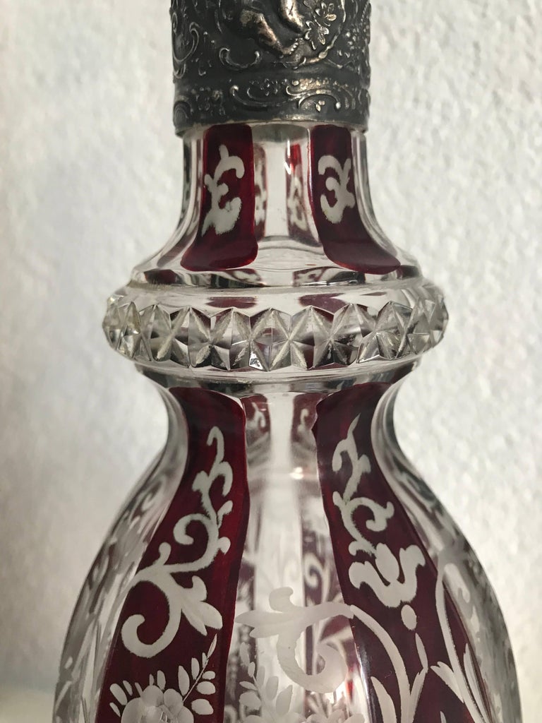 Hand-Crafted, Colored and Cut-Glass Crystal Decanter with 800 Silver ...
