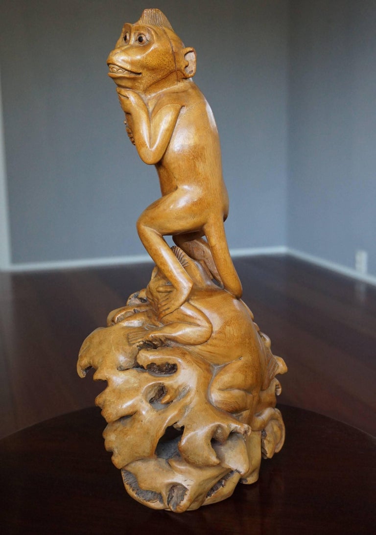 Hand-Carved Wooden Midcentury Two Monkey Sculpture Out of Tropical Tree ...