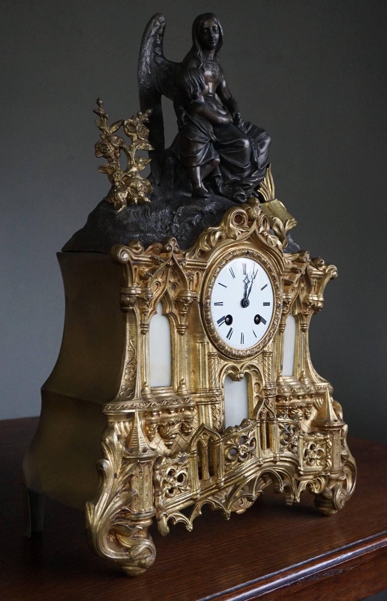 Gilt Bronze Gothic Rev. Heaven and Earth Mantel Clock w. Guardian Angel ...