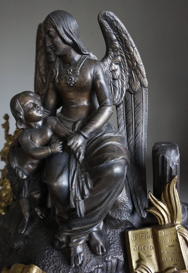 Gilt Bronze Gothic Rev. Heaven and Earth Mantel Clock w. Guardian Angel ...