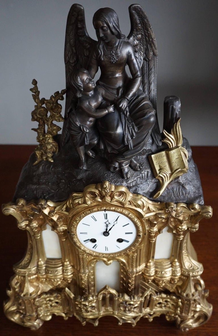 Gilt Bronze Gothic Rev. Heaven and Earth Mantel Clock w. Guardian Angel ...