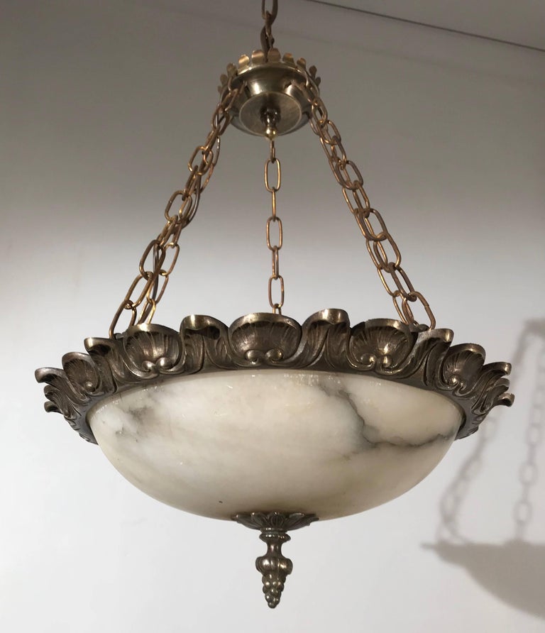 Small Size Art Deco Alabaster Pendant with Bronze Frame on Chains and ...