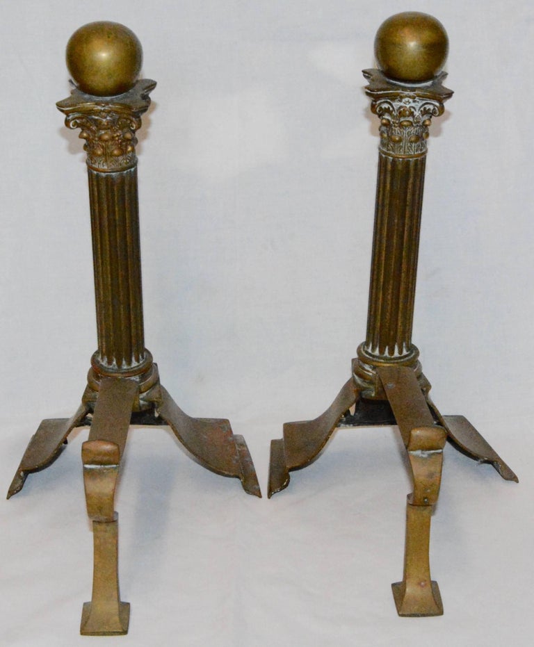 Mid-Century Modern Column Style Bronze Fireplace Andirons at 1stDibs