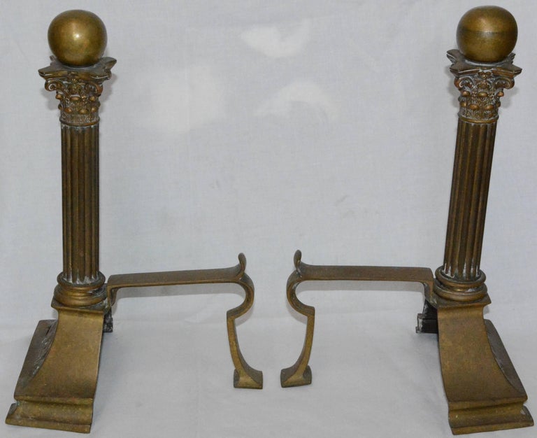 Mid-Century Modern Column Style Bronze Fireplace Andirons at 1stDibs