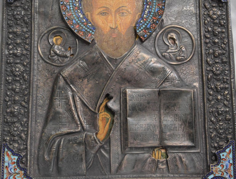 Enameled Russian Sterling Silver Icon For Sale at 1stDibs