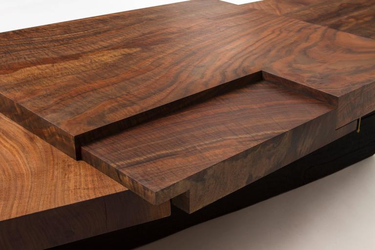 Modern Claro Walnut Strike/ Slip Coffee Table with Brass and Charred ...