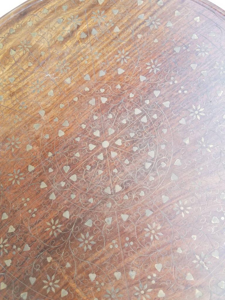 Indian Moroccan Carved Wooden Side Table, Copper Inlay at 1stDibs