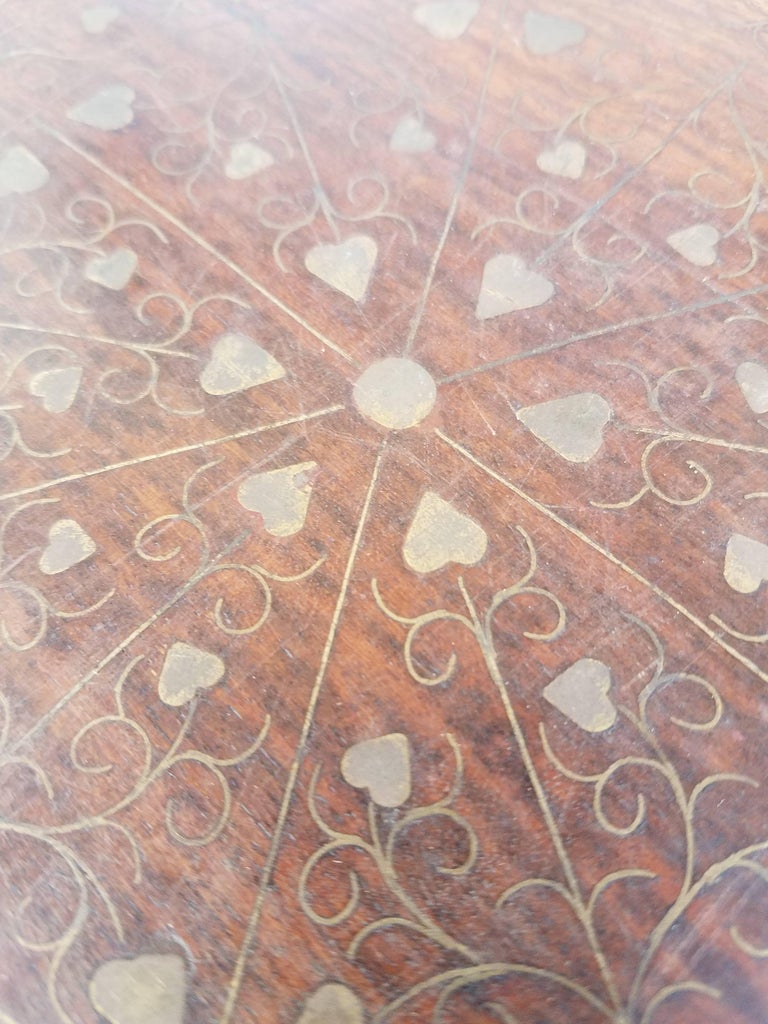 Indian Moroccan Carved Wooden Side Table, Copper Inlay at 1stDibs