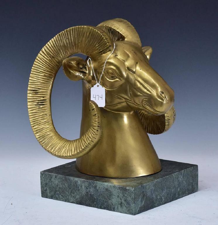 Hollywood Regency Brass Ram Bust on Green Marble Base For Sale at 1stDibs