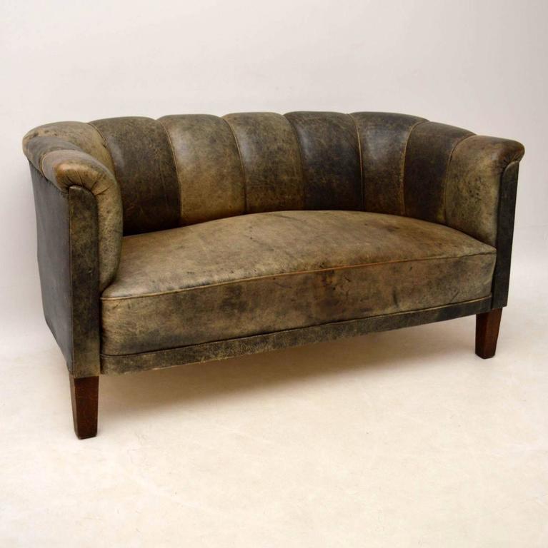 Antique Swedish Leather Fluted Back Sofa at 1stDibs