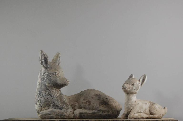 Weathered 20th Century Concrete Statues of Deer and Fawn at 1stDibs