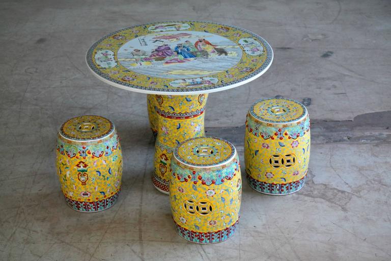 Garden Ceramic Porcelain Chinese Table with Stools For Sale at 1stDibs
