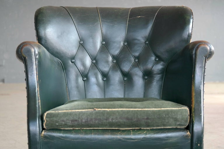 Danish 1930s Small Scale Club Chair in Tufted Patinated Green Leather ...