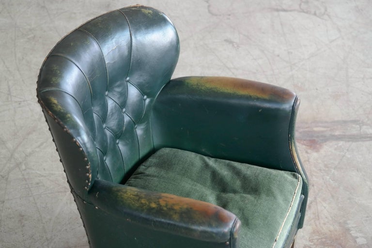 Danish 1930s Small Scale Club Chair in Tufted Patinated Green Leather ...