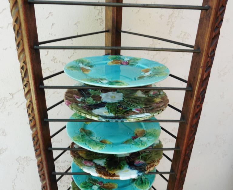 French Carved Plate Rack with Brass Holders, circa 1880 For Sale at 1stdibs